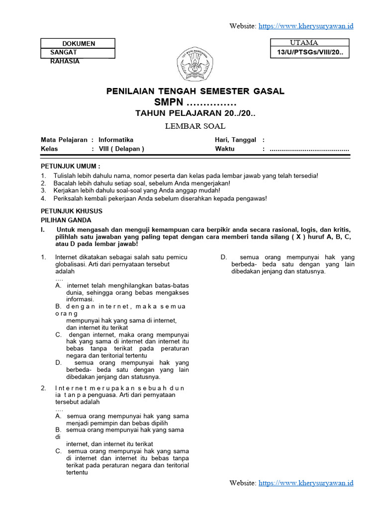 Soal PTS INFORMATIKA KELAS 8 | PDF