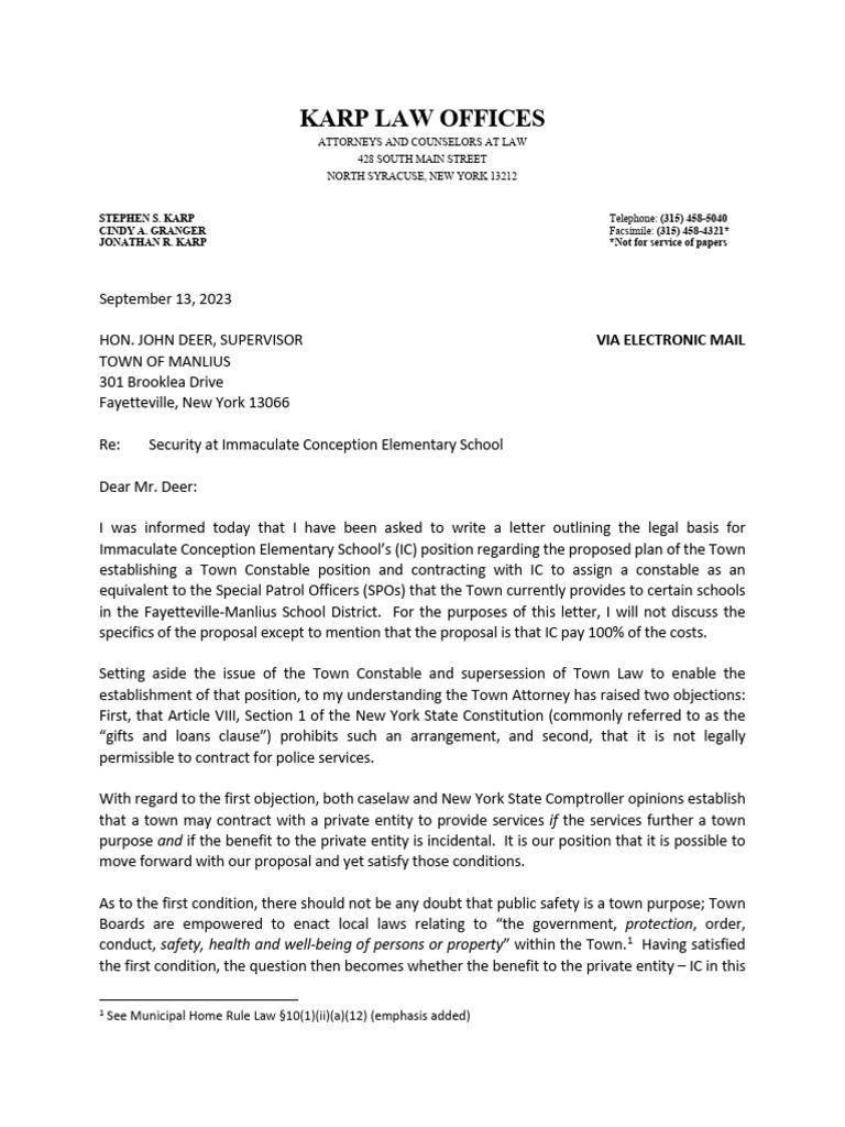 Karp Letter To Town of Manlius | PDF | Police | School Shooting