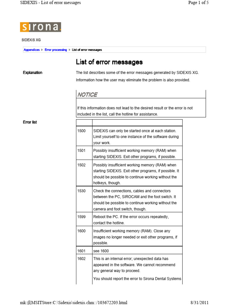 Common Sidexis Errors - PDF - Sirona Support | PDF
