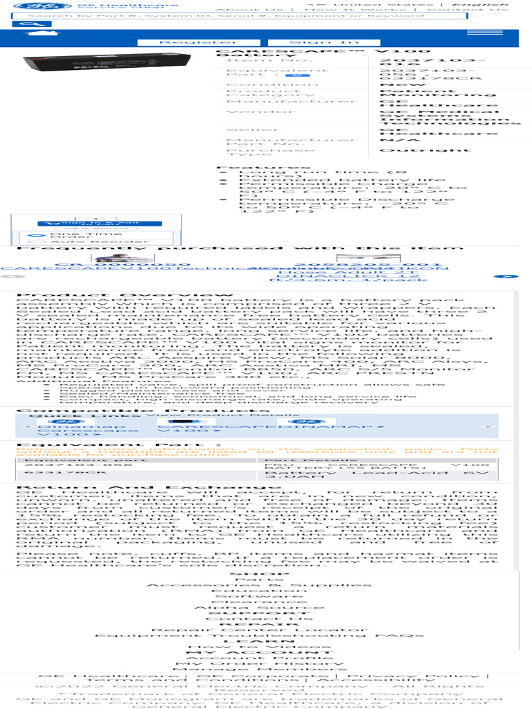CARESCAPE™ V100 Battery CARESCAPE V100 Sub Ac | PDF