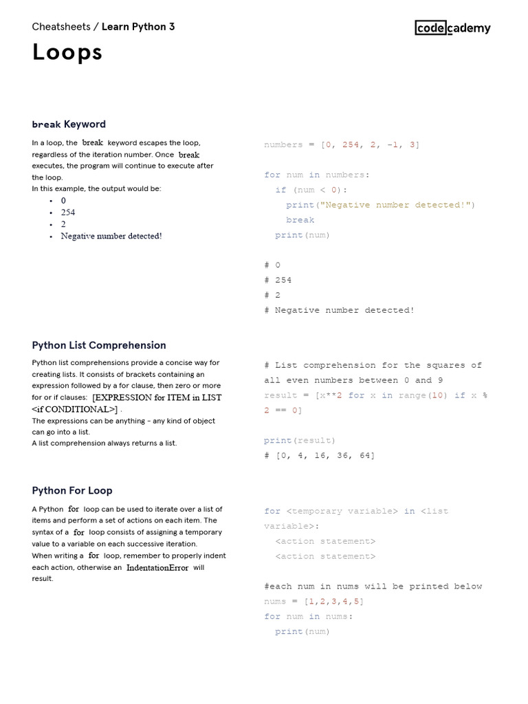 Learn Python 3 - Loops Cheatsheet - Codecademy | PDF