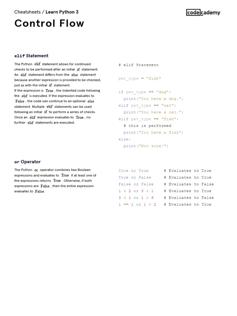 Learn Python 3 - Control Flow Cheatsheet - Codecademy | PDF | Boolean ... Learn Python 3 - Control Flow Cheatsheet - Codecademy | PDF | Boolean ...