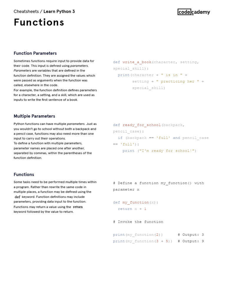Learn Python 3 Functions Cheatsheet Codecademy Pdf Parameter Computer Programming 