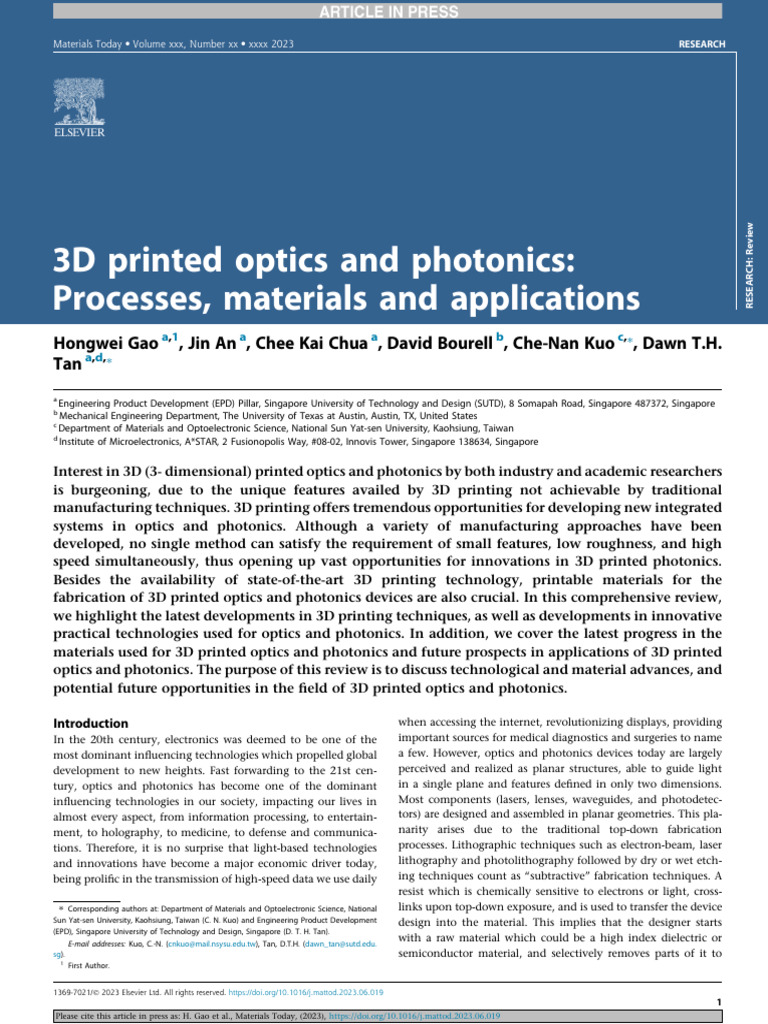 3D Printed Optics and Photonics: Processes, Materials and Applications ...