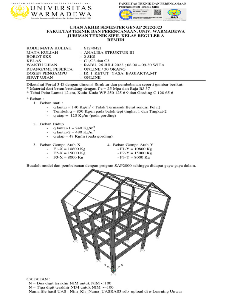 UAS Analisa Struktur III Reguler A 2023 Remidi - 2 | PDF | Teknologi & Rekayasa