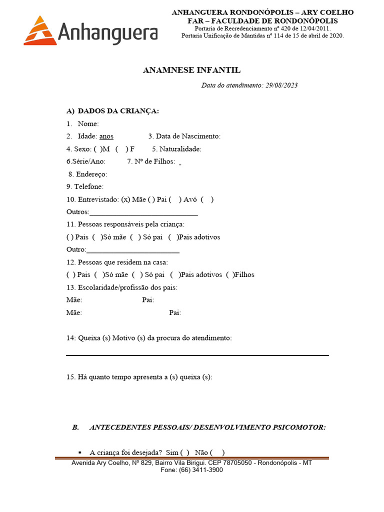 Anamnese Infantil - TCC | PDF