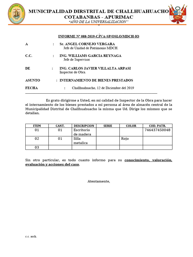 INFORME #089 INFORME INTERNAMIENTO ESCRITORIO Y SILLA (Autoguardado) | PDF