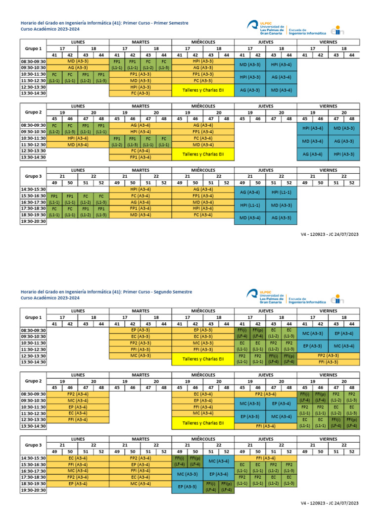 GII41 Horarios 2023-2024 V4 - 120923 - JC 24_07_2023_0 | PDF