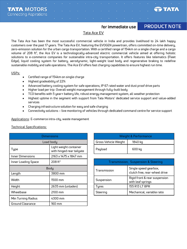 Product Note Tata Ace Ev | PDF | Vehicles | Transport
