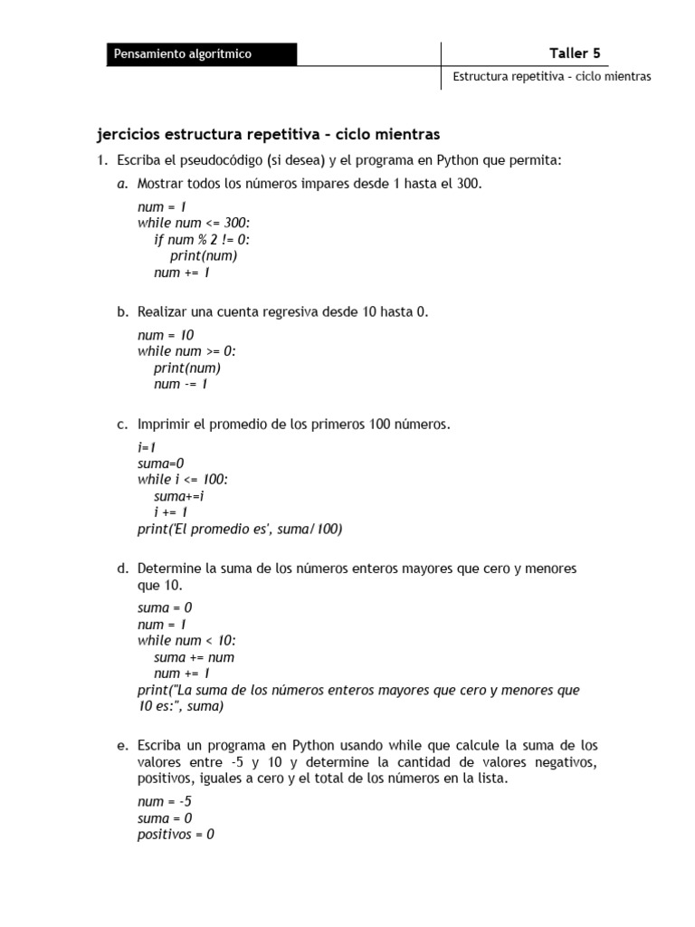 Taller 5 (Estructuras Repetitivas - Ciclo Mientras) - Solución | PDF ...