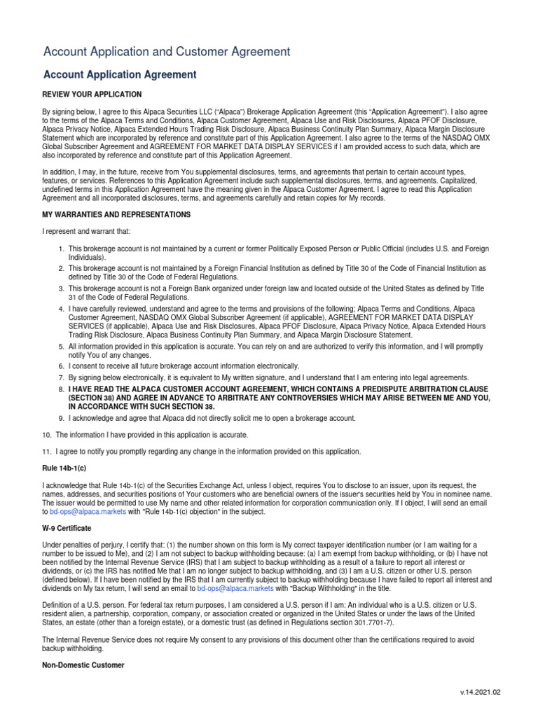 Alpaca Account Application and Customer Agreement | PDF | Over The ...