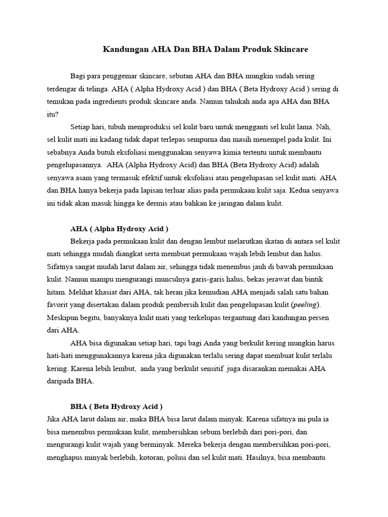 Kandungan AHA Dan BHA Dalam Produk Skincare | PDF