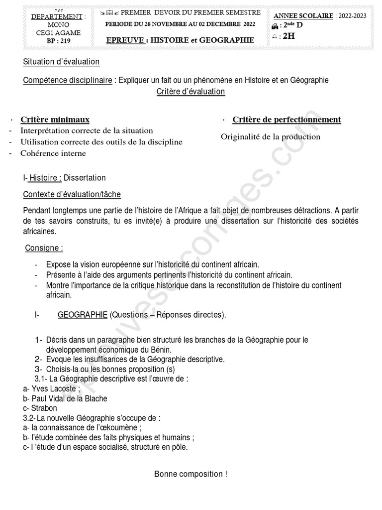 1er Devoir Du 1er Semestre Histoire Géographie 2nde D 2022-2023 Ceg1 Agame | PDF
