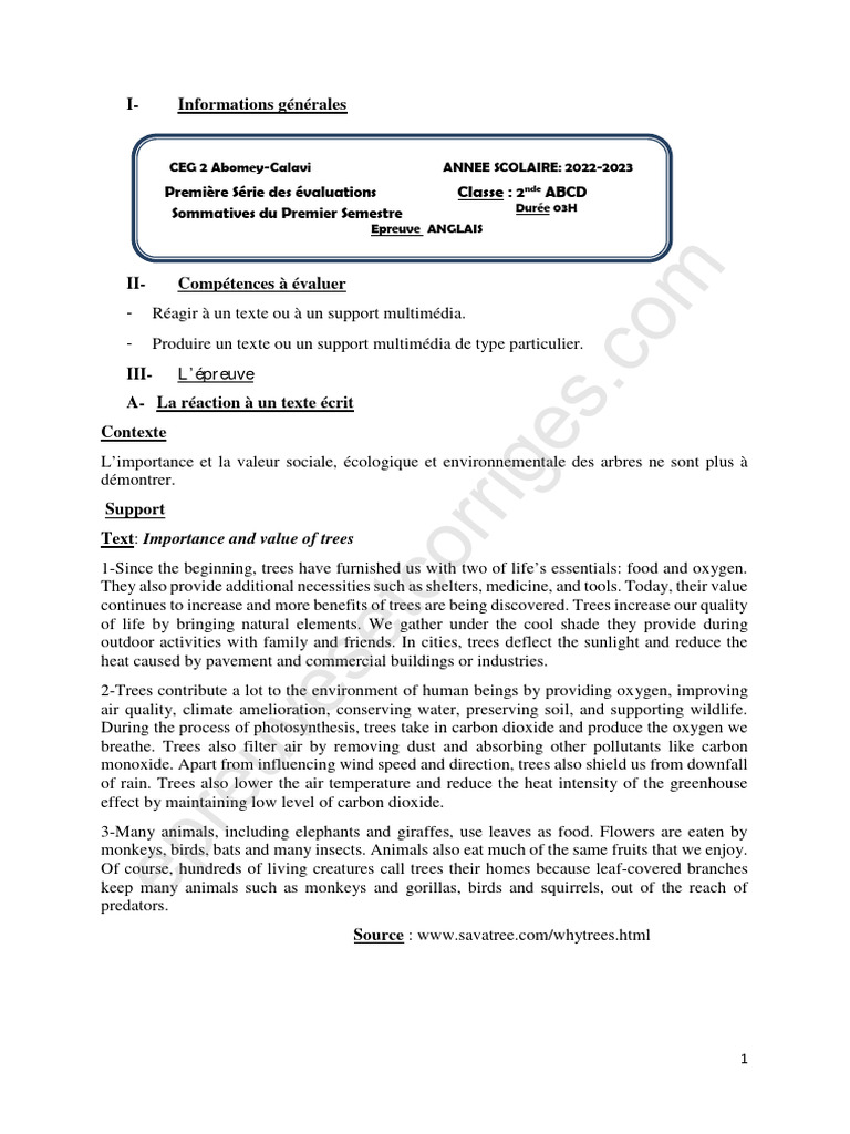 1er Devoir Du 1er Semestre Anglais 2nde Abcd 2022-2023 Ceg2 Abomey-Calavi | PDF | Trees | Nature