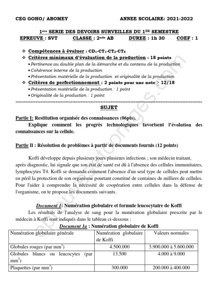 1er Devoir Du 1er Semestre SVT 2nde Ab 2021-2022 Ceg Goho | PDF
