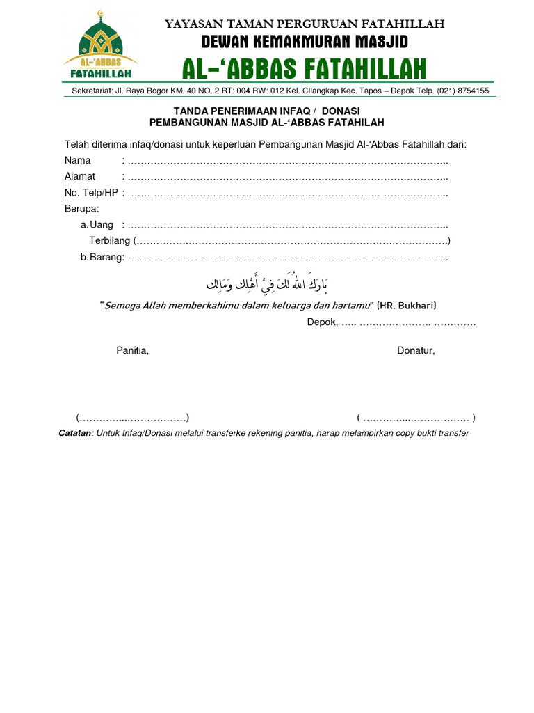 Form Penerimaan Infaq-Donasi Masjid Al-Ababs Fatahillah | PDF