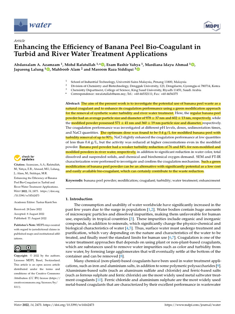 Enhancing The Efficiency of Banana Peel Bio-Coagulant in | PDF | Water ...