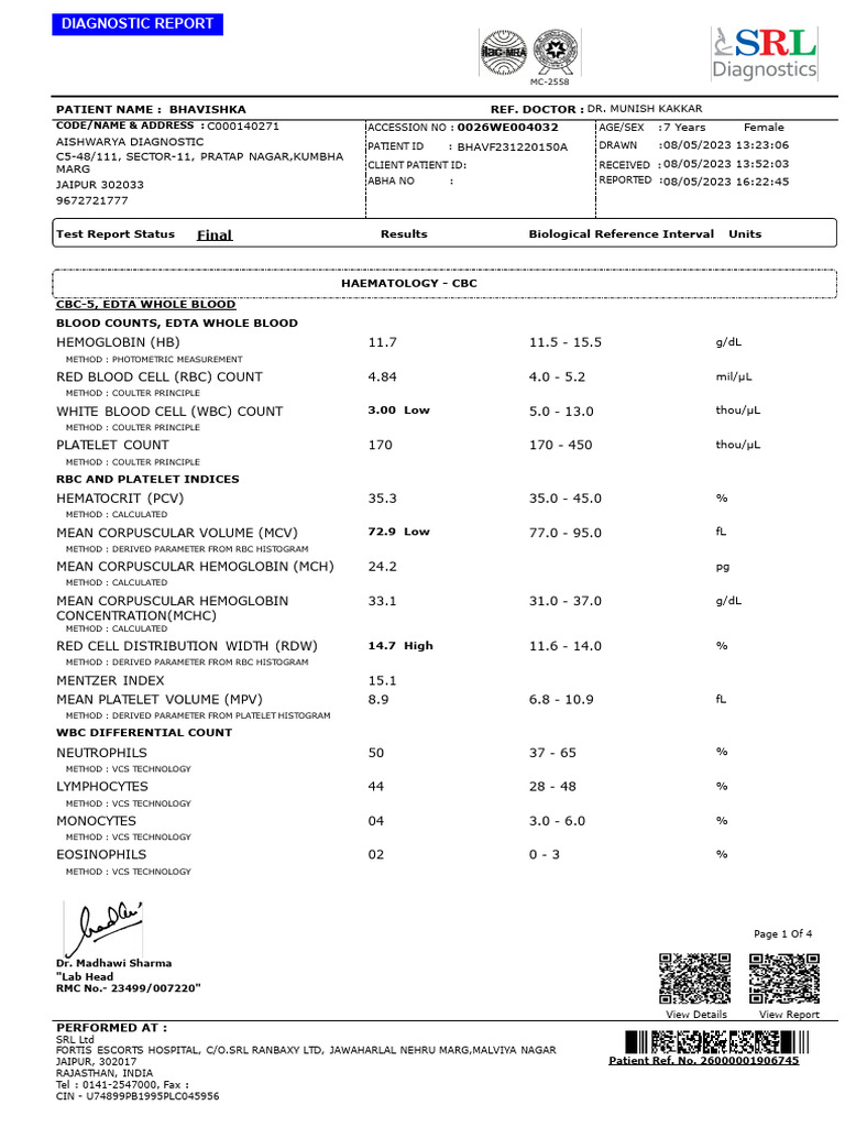 Lab - Report - BHAVISHKA JI | PDF | Hematology | Blood