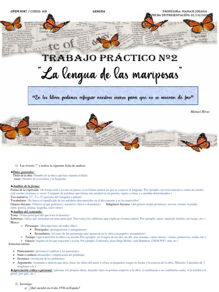Trabajo Práctico Nº2 La Lengua de Las Mariposas - Lengua 4ºB - CPEM ...