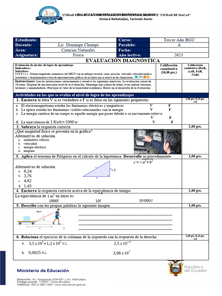 Evaluación Diagnóstica 3ro Física 2023-2024 | PDF | Evaluación | Ciencias fisicas