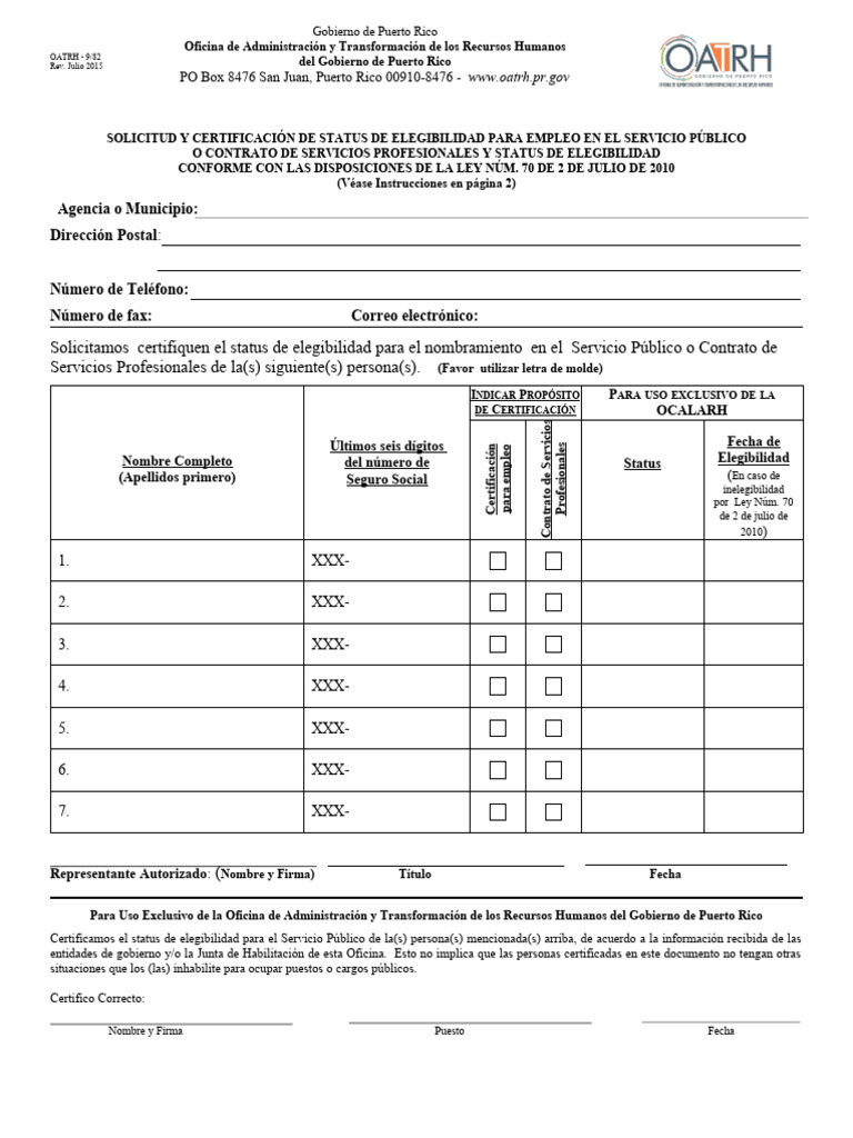 Formulario Oatrh 9 82 Rev Julio 2015 Sol Y Cert De Status De