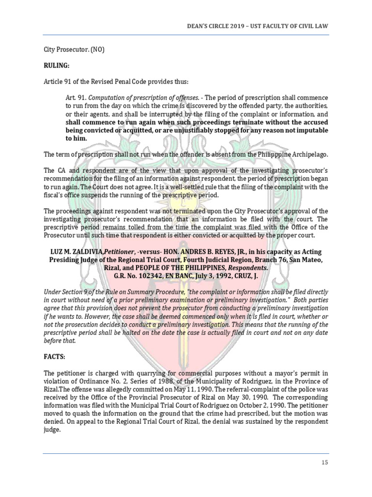 LAW 0104 - Special Penal Laws - JD 1. G.R. No. 102342 - Zaldivia vs ...