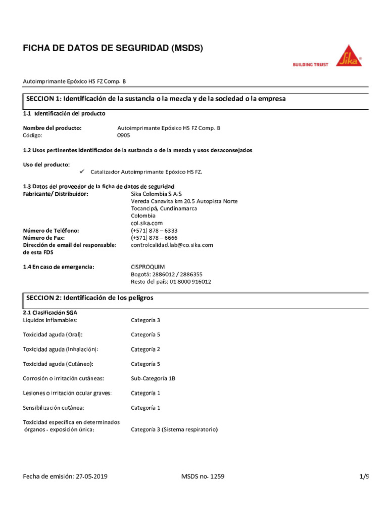 MSDS - AutoimprimanteEpóxico HS FZ Comp. B | PDF