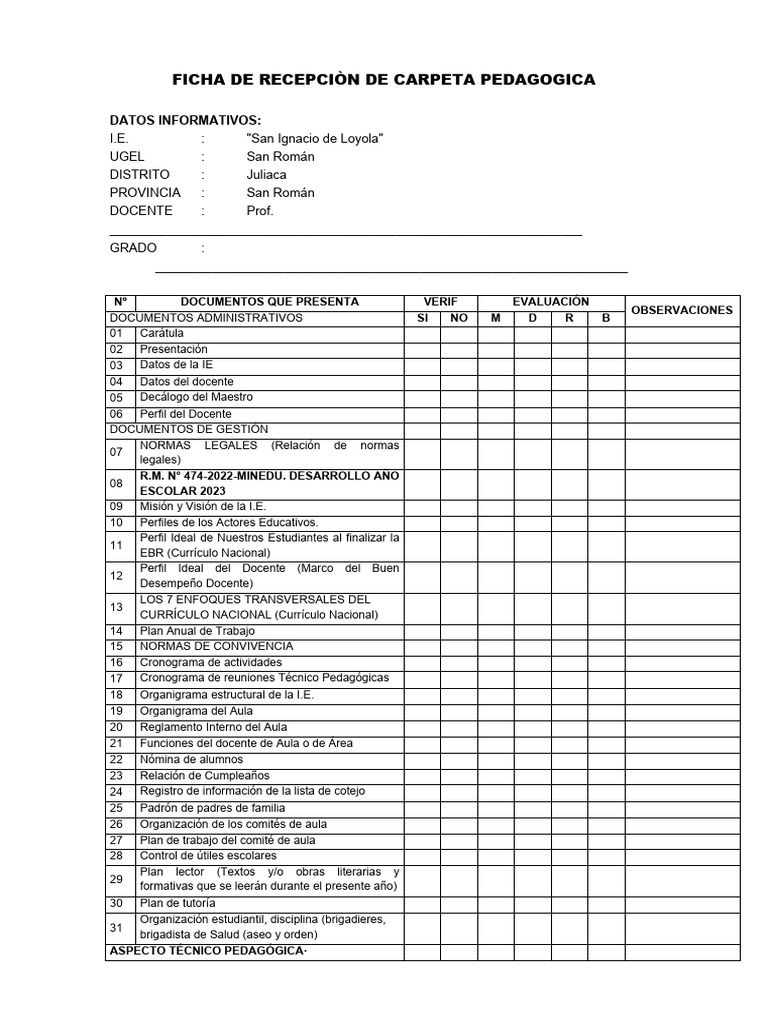 FICHA DE RECEPCIÒN DE CARPETA PEDAGOGICA SIL 23 | PDF | Evaluación | Plan de estudios