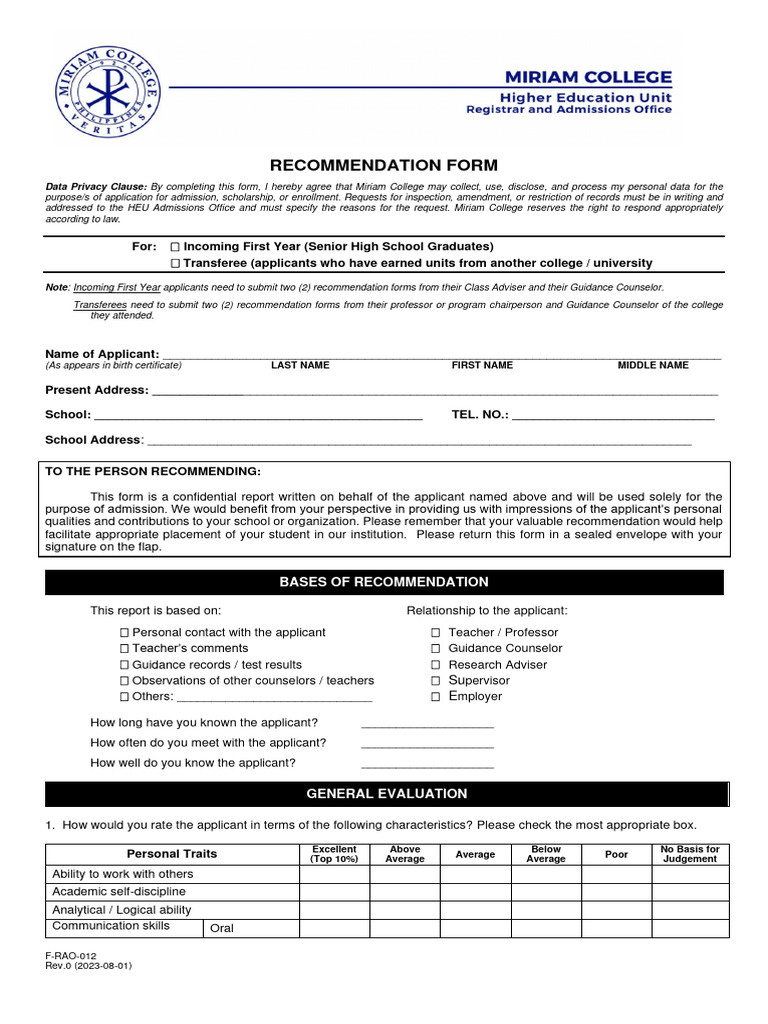 Miriam College Recommendation Form | PDF | Leadership | Psychology