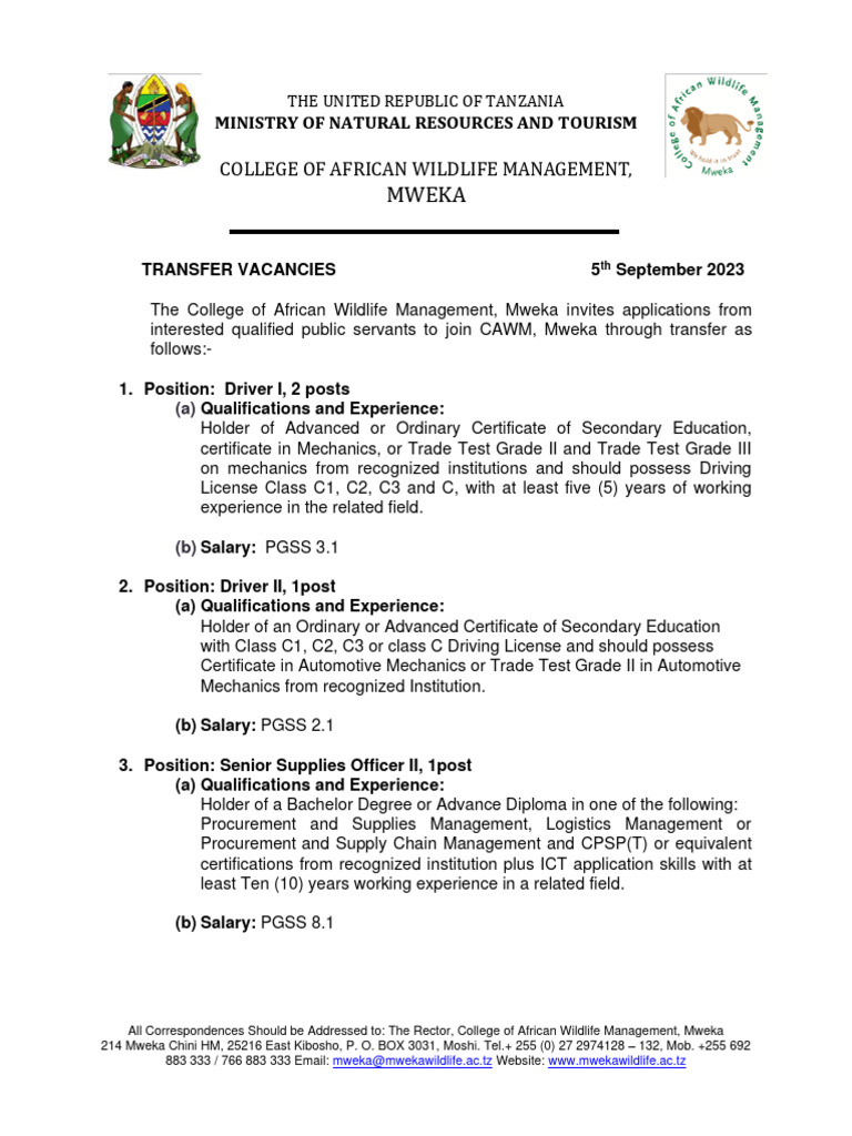 Mweka College Job Vacancies Announcement | PDF | Accountant | Diploma