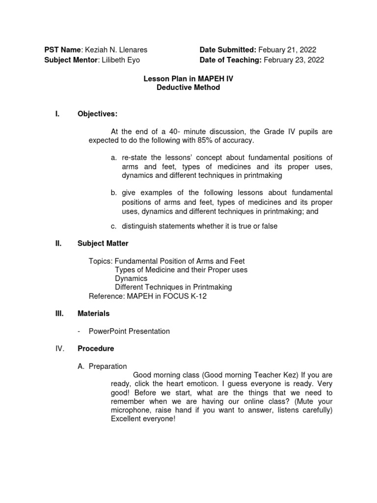 Lesson Plan in MAPEH (Llenares) | PDF | Medical Prescription | Lesson Plan