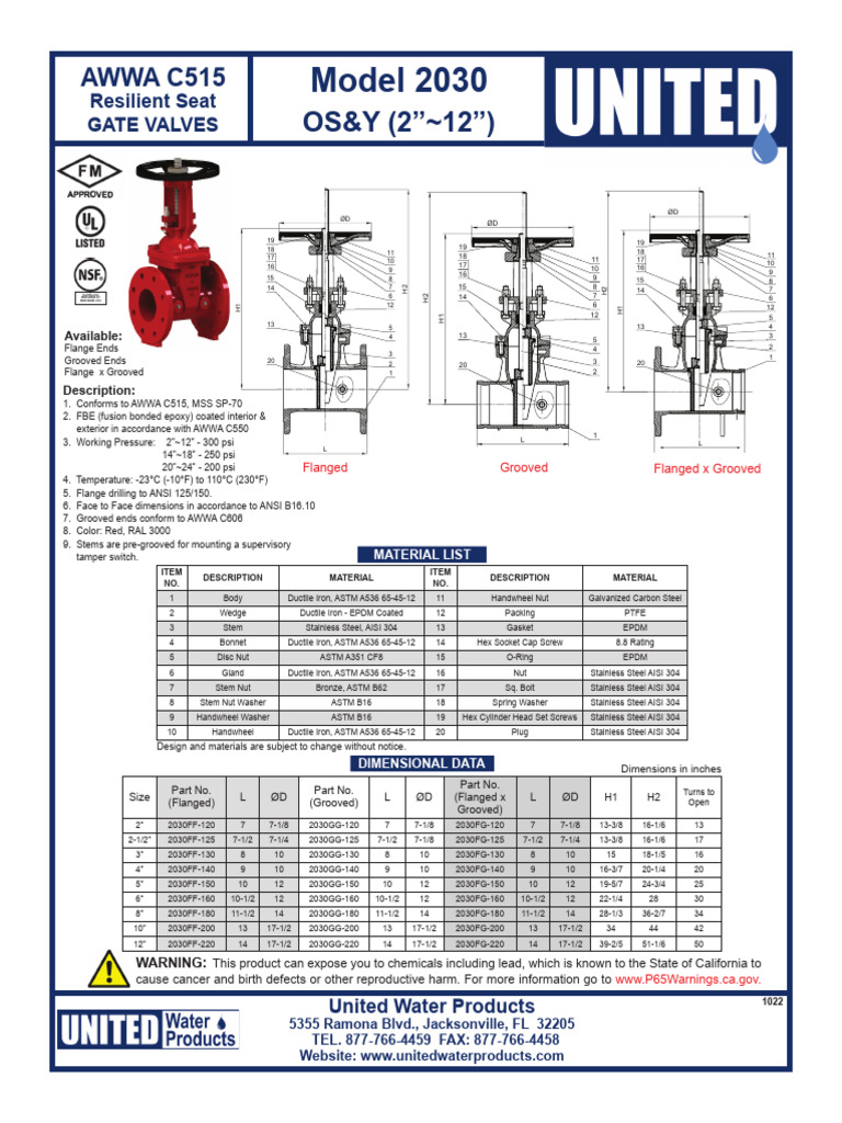 UL FM OS&Y Gate Valves, AWWA C515 - Water Works - Fire Protection ...