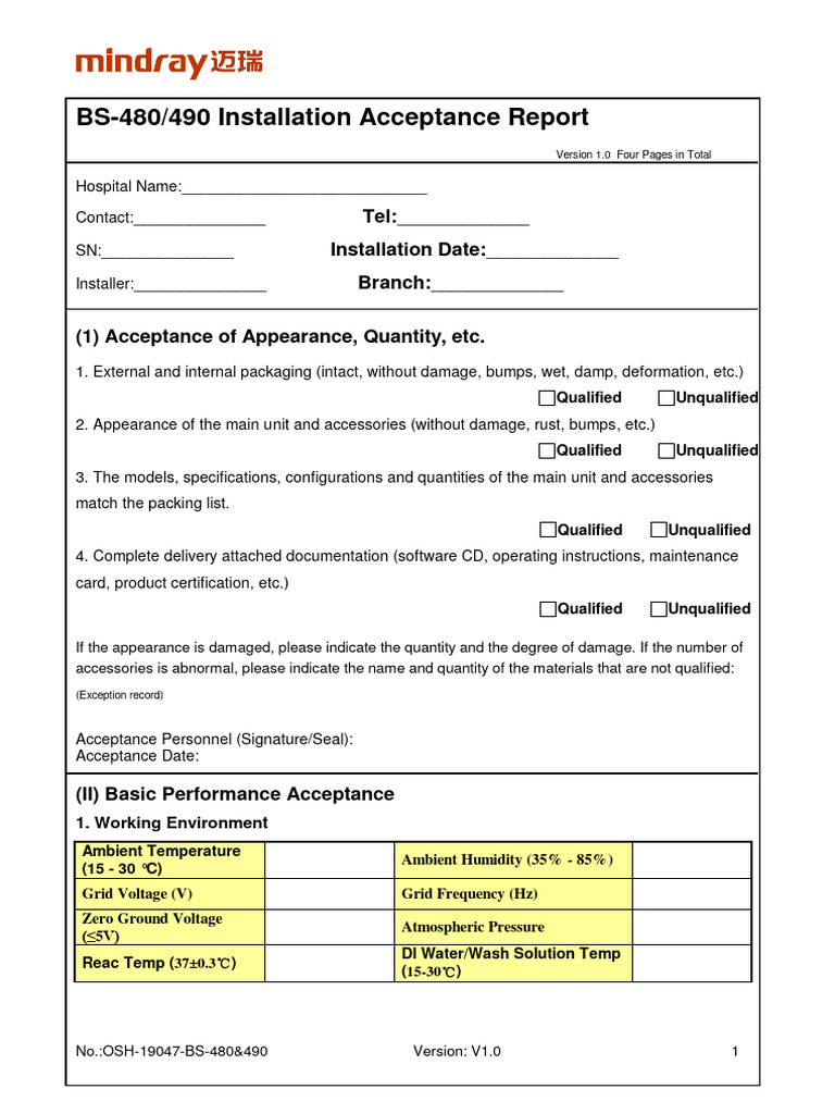 BS-480&490 - Installation Acceptance Report - V1.0 - EN | PDF