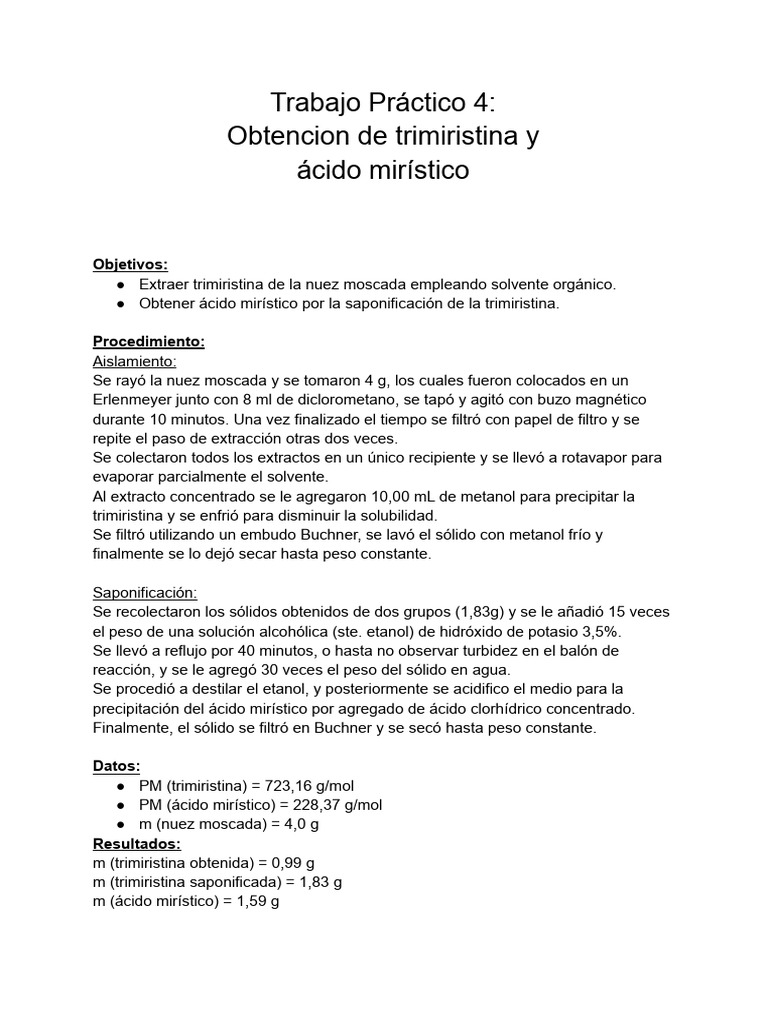 Obtención de trimiristina y ácido mirístico | PDF | Ciencia y matemáticas