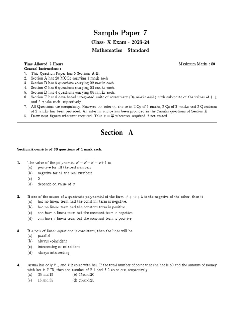 Sample Paper 7: Class-X Exam - 2023-24 Mathematics - Standard | PDF