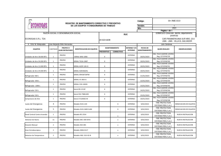 8 Registro de Mantenimiento de Equipos 2023 | PDF
