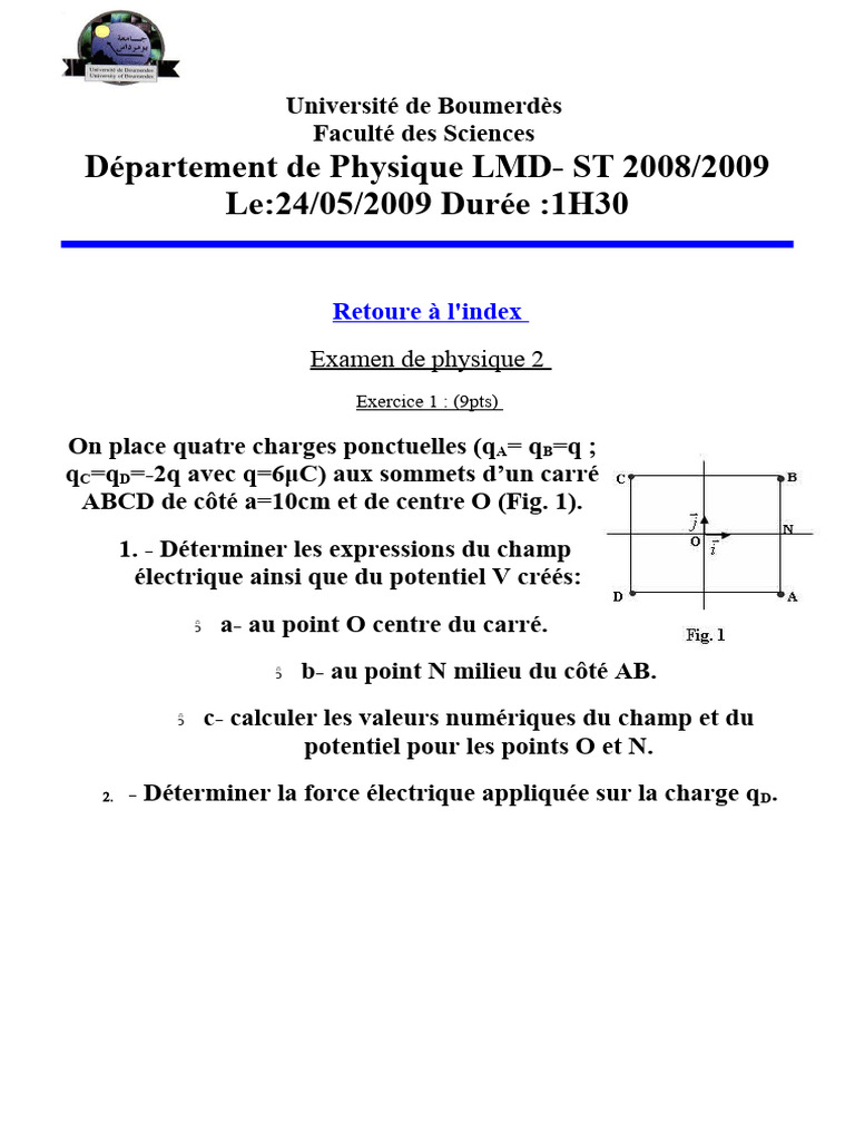 Examen Physique 2 + Solution ST UMBB 2008-2009 | PDF