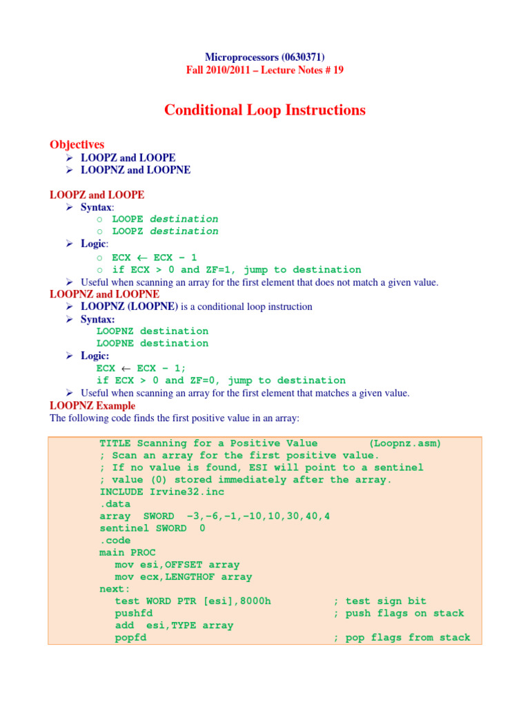Lecture 19 Conditional Loop Instructions | PDF