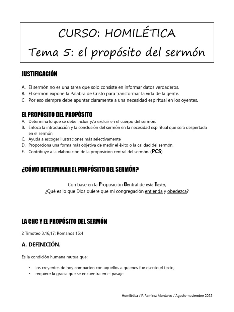 05 Homilética SP NOTAS Propósito Del Sermón CHC | PDF | Verdad | Cristo (título)