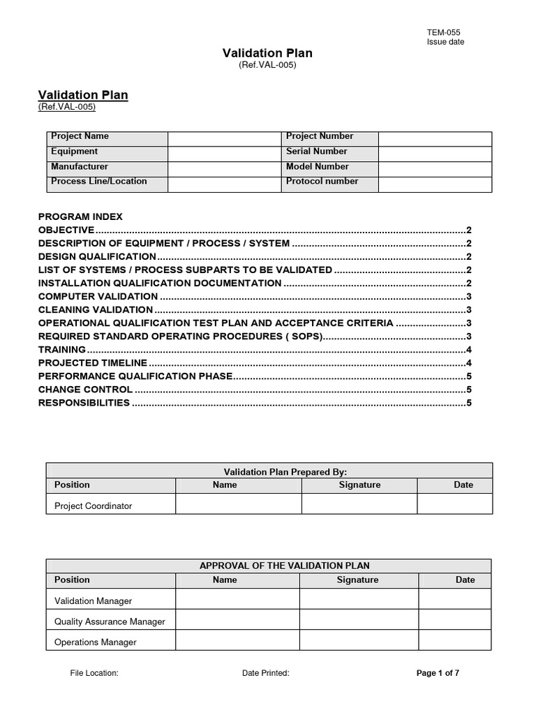 TEM-055 Example Validation Plan Sample | PDF