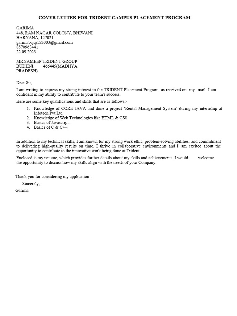 Cover Letter For Trident Campus Placement Program-Garima | PDF | Career ...