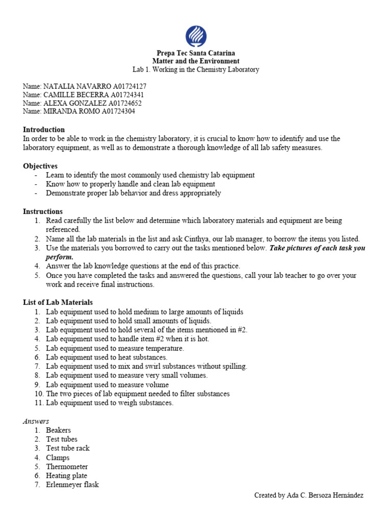 Lab1. Working in The Chemistry Lab | PDF | Laboratories | Chemistry