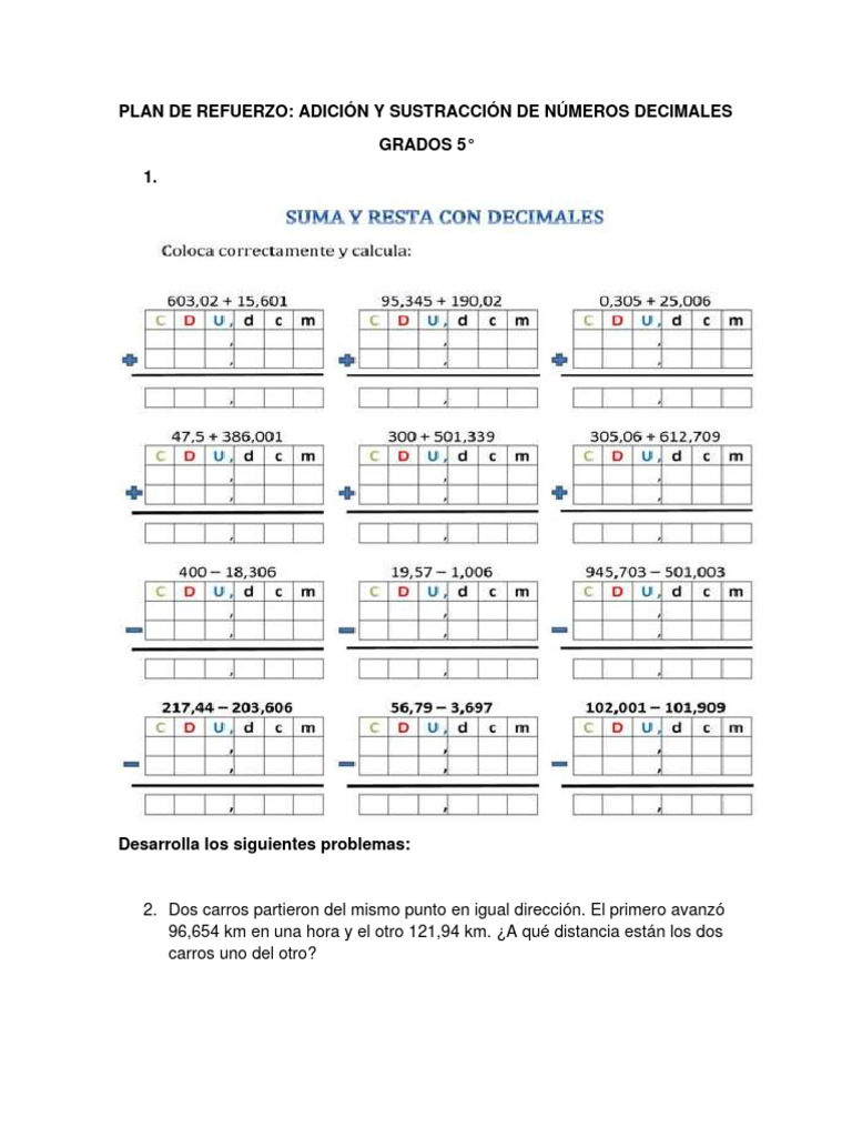 PLAN+DE+REFUERZO.docx+suma+y+resta+de+decimales (1) | PDF
