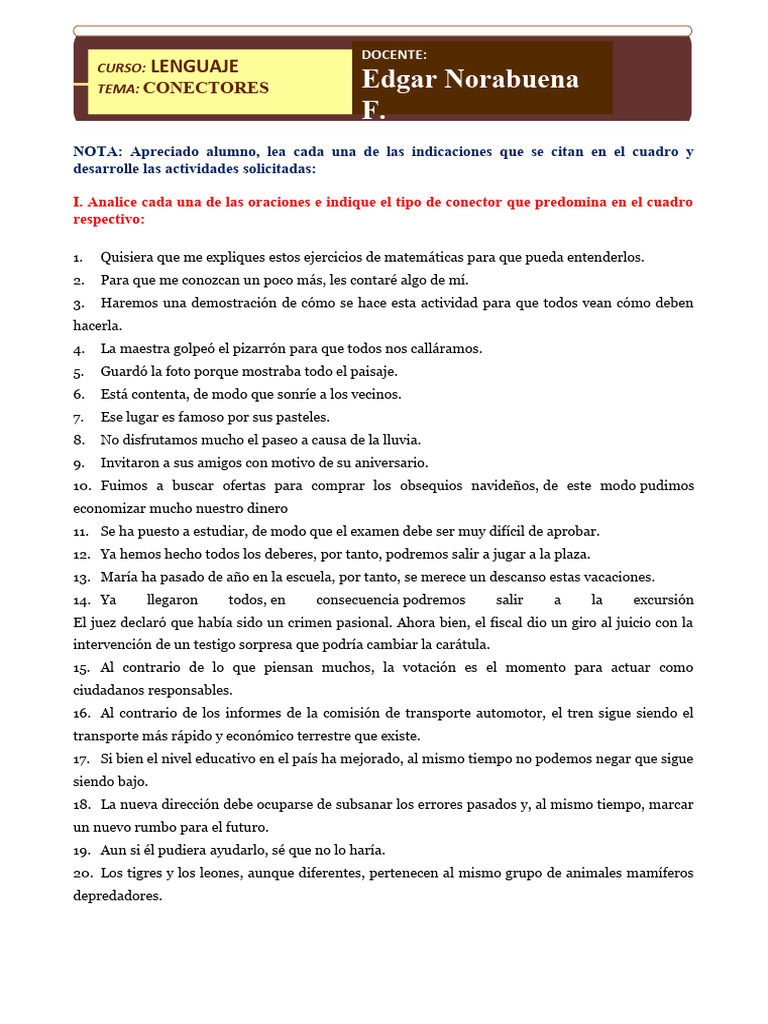Hoja de Trabajo Sesión 07 Conectores Lógico Textuales | PDF