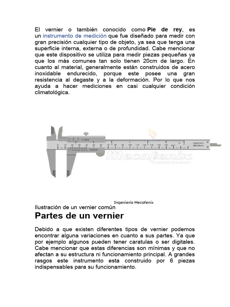 El Vernier o También Conocido Como Pie de Rey | PDF | Equipo | Herramientas