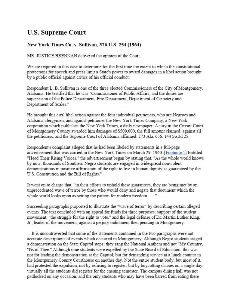 Supreme Court Libel Case: NY Times v. Sullivan | PDF | New York Times ...
