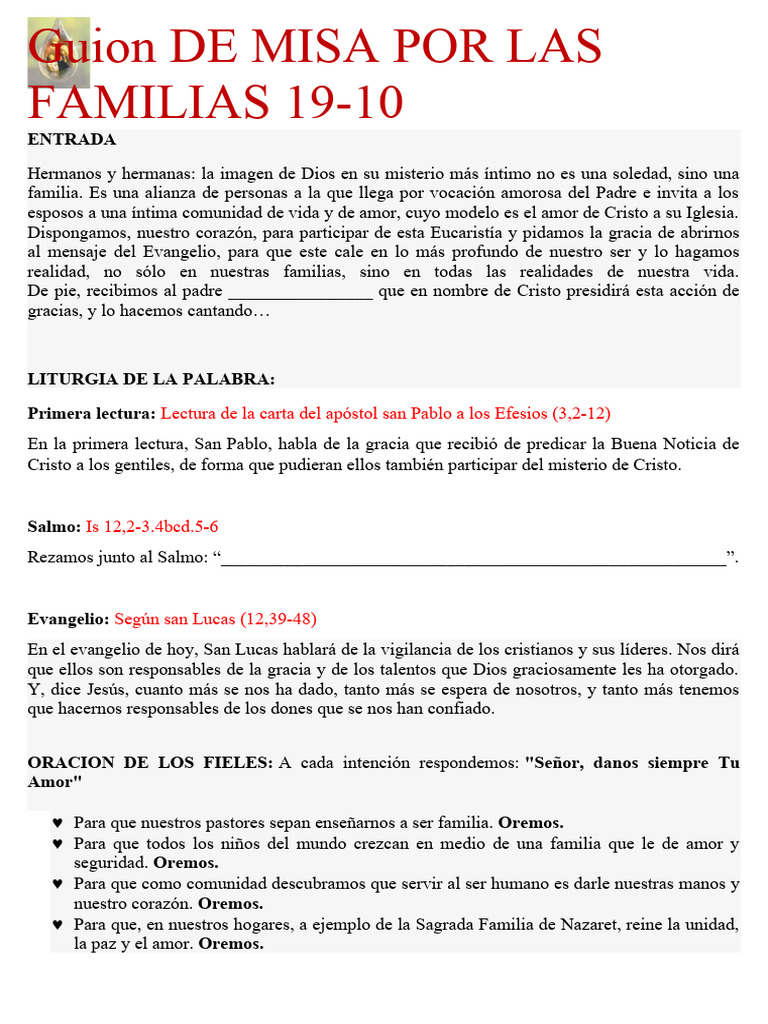 Guion Misa Día de La Familia 2022 | PDF