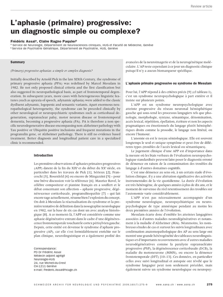 L'aphasie (Primaire) Progressive: Un Diagnostic Simple Ou Complexe? | PDF