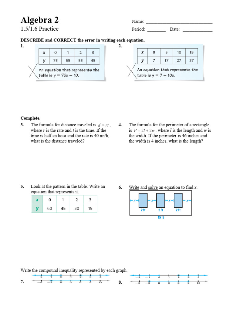 Alg2 1.5-1.6 Practice | PDF | Length | Equations