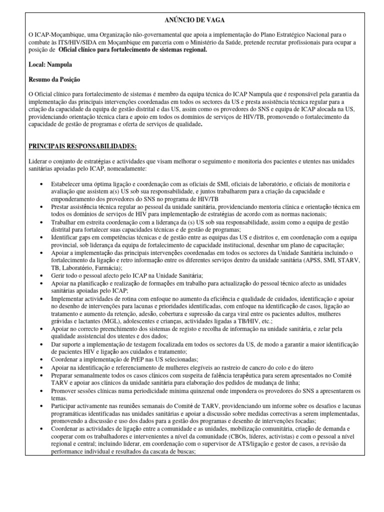 Vaga para Oficial Clínico no ICAP Nampula | PDF | Serviço Nacional de ...